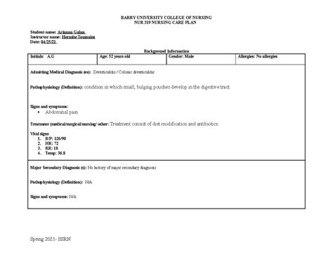 Care Plan Diverticulitis Barry University College Of Nursing Nur