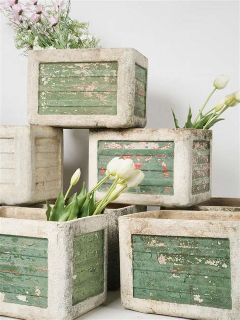 Set Of Nine Small Vintage Rectangular Planters W Weathered Green Pati