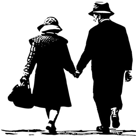 Elderly Couple On A Walk Vector Illustration Linocut Premium Ai