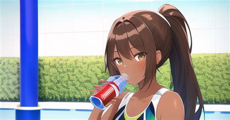 オリジナル 褐色茶髪ポニテ競泳水着のプール監視員のお姉さん すたブル子のイラスト Pixiv