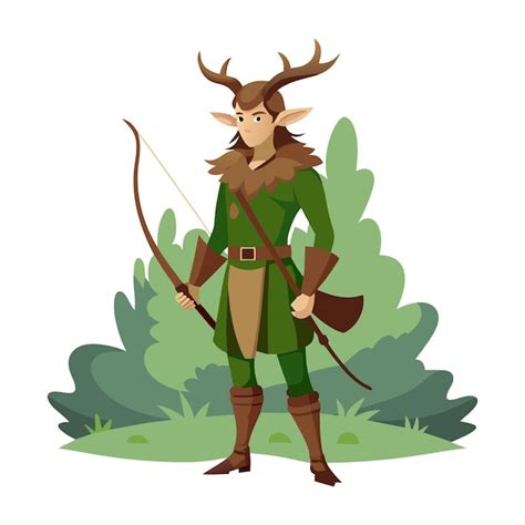 Fantasy Archer With Antlers Standing In Forest Illustration Premium