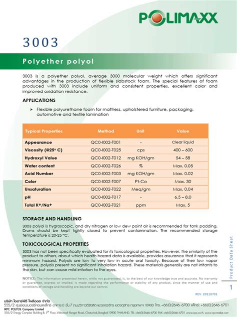 3003 Polyether Polyol Tds Download Free Pdf Polyurethane Chemistry