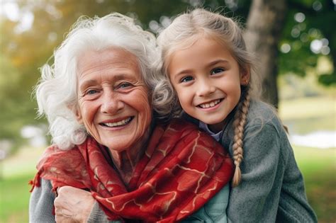 Petite Fille étreignant Grand Mère Belle Scène Dun Enfant Avec Grand