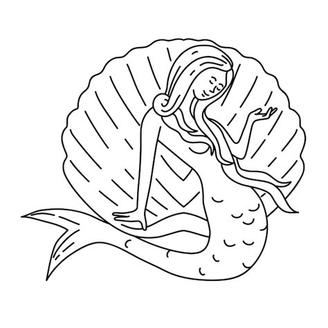 Premium Vector Mermaid With Flowing Hair Sitting On Clam Shell Mono