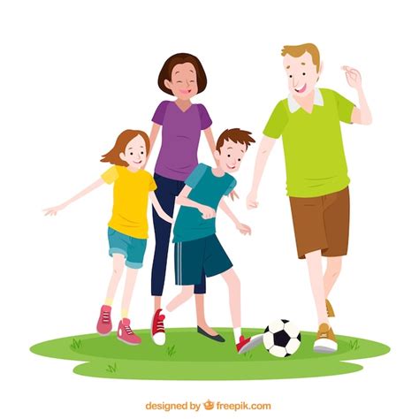 Familia dibujada a mano jugando al fútbol Vector Gratis