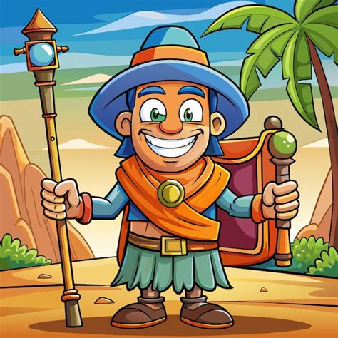 A Cartoon Of A Man Holding A Pole With A Palm Tree In The Background