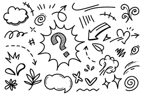 Handdrawn Cartoony 식 기호 낙서 곡선 방향 화살표 이모티콘 효과 디자인 요소 만화 캐릭터 감정 기호 귀여운 장식 브러쉬 선 라인의 벡터 세트 프리미엄 벡터