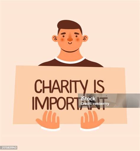 자선은 중요하다라는 문구가 적힌 플래카드를 들고 있는 젊은 남자 자원 봉사 지원 인류애 자선 개념 순진한 만화 일러스트 와 자원 봉사자 활동가 플래 카드 배너 플랫 디자인