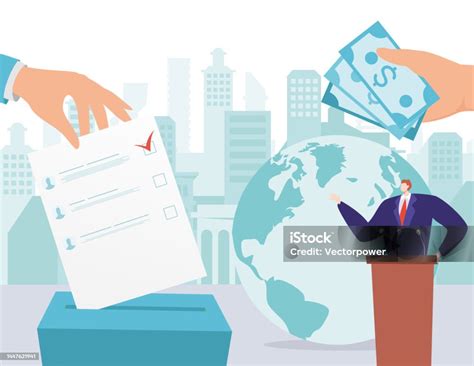 선거 후보는 투표를 위해 돈을 주고 부패 개념 벡터 삽화 거대한 유권자 캐릭터는 상자에 투표 문서 양식을 넣습니다 개념에 대한 스톡 벡터 아트 및 기타 이미지 Istock