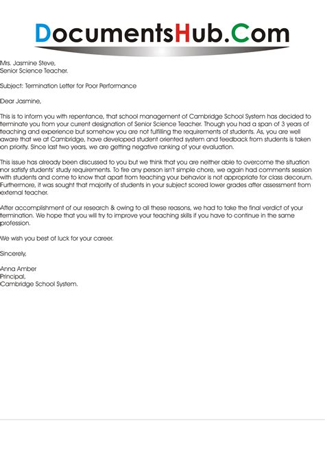 Termination Letter For Poor Performance