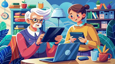 A Cartoon Illustration Of An Old Man And A Woman Looking At A Tablet
