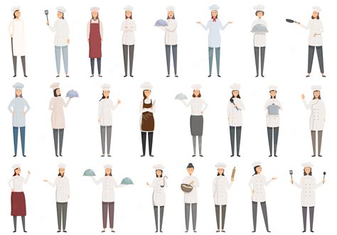 Premium Vector Female Chef Icons Set Cartoon Vector Cooker Food