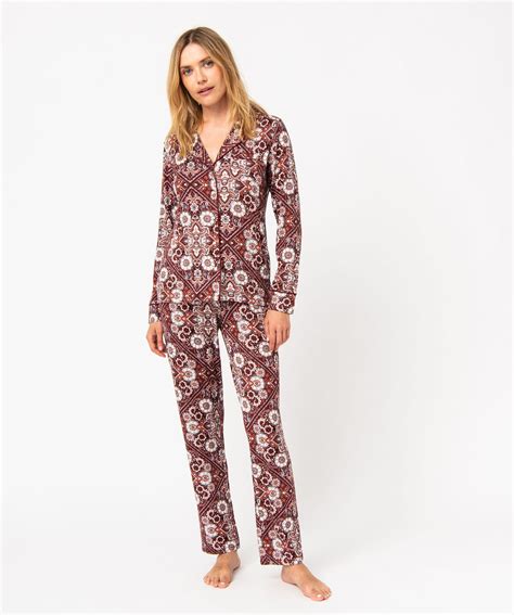 Pyjama Deux Pièces Femme Chemise Et Pantalon Rouge Fonce Gemo