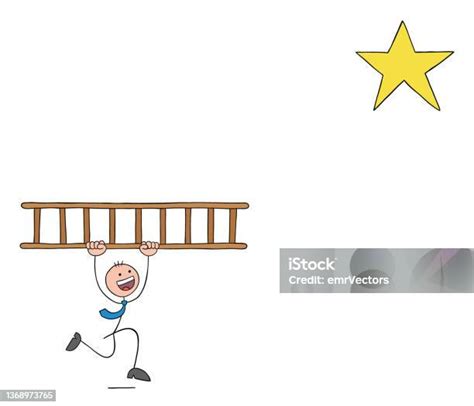 Stickman 사업가는 위의 별에 도달하기 위해 나무 사다리를 운반 손으로 그린 만화 벡터 일러스트 그리기에 대한 스톡 벡터 아트 및 기타 이미지 Istock