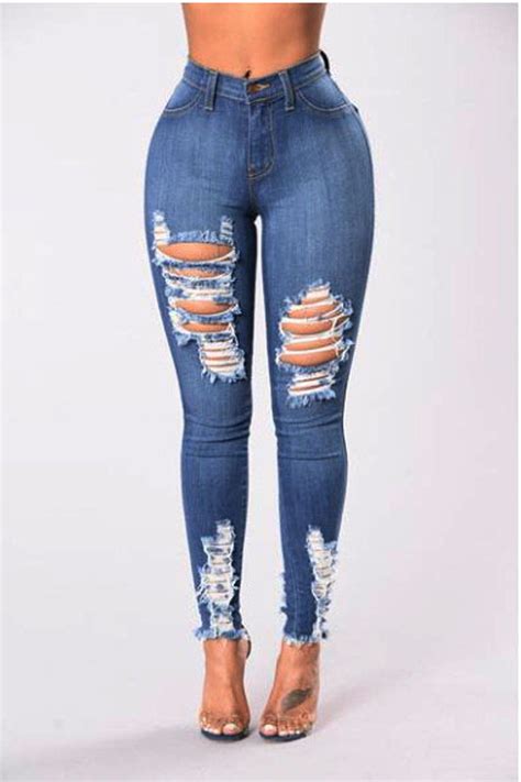 High Waist Pure Color Rough Holes Long Skinny Jeans Light Ripped Jeans