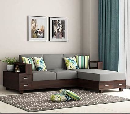 FURNESHO Solid Sheesham Wood Seater L Shape Sofa Set With Storage For Living Room Bedroom Home