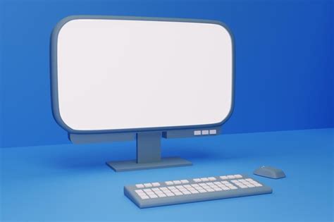 디자인을 위한 흰색 빈 화면 모형이 있는 3d 공간의 데스크탑 컴퓨터 프리미엄 사진