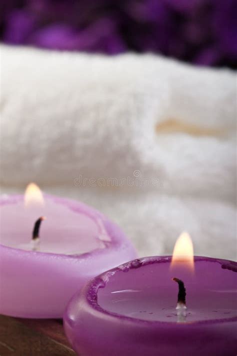 Purple Candles On Massage Towel 2 Stock Image Image Of Soft Relax