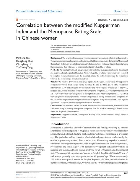PDF Correlation Between The Modified Kupperman Index And The Menopause Rating Scale In Chinese
