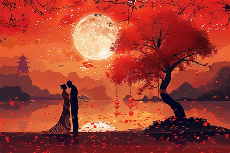 Romantic Red Love Tree Under The Chinese Couple Tanabata Background