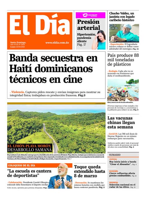 Portada Periódico El Día Lunes 22 De Febrero 2021 Dominicanado