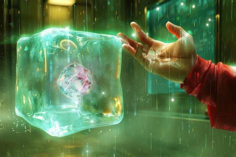Businessman Touching Shiny Cube In Abstract 3d Rendering Premium Ai