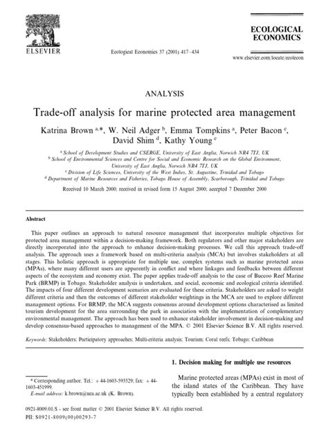 Trade Off Analysis For Marine Protected Area Management Pdf