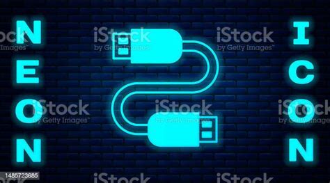 벽돌 벽 배경에 격리 빛나는 네온 Usb 케이블 코드 아이콘 Pc 및 모바일 장치를 위한 커넥터 및 소켓 벡터 Usb 케이블에