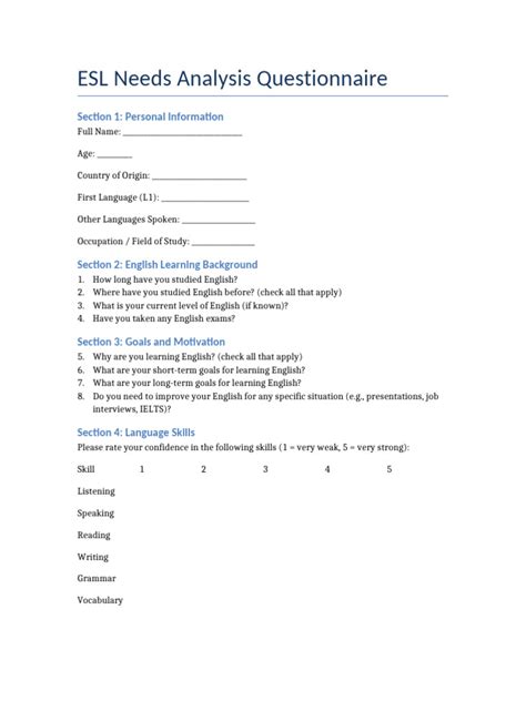 Esl Needs Analysis Questionnaire Pdf