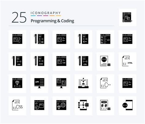 Programming And Coding 25 Solid Glyph Icon Pack Including Development Coding Development Html