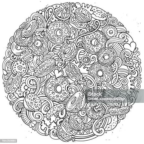 도넛 손으로 그린 벡터 낙서 둥근 그림입니다 과자 포스터 디자인입니다 도넛 요소와 개체 만화 배경입니다 스케치 재미있는 사진입니다 모든 항목은 분리됩니다 0명에 대한 스톡