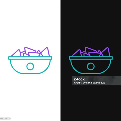 흰색과 검은 색 배경에 격리 플레이트 아이콘의 녹색과 보라색 라인 Nachos 토르티야 칩 또는 나초 토르티야 전통적인 멕시코