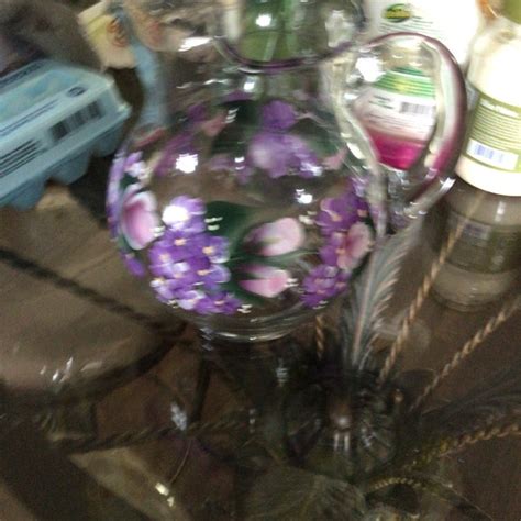 Hand Painted Glass Pitcher Beverage Container Pink Roses Purple
