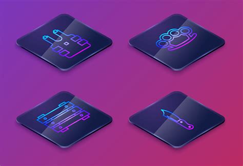 총알 군사 탄약 상자 황동 너클 및 군용 칼으로부터 보호하기 위한 등도성 라인 방탄 조끼를 설정합니다 파란색 정사각형 버튼 벡터 3차원 형태에 대한 스톡 벡터 아트 및 기타