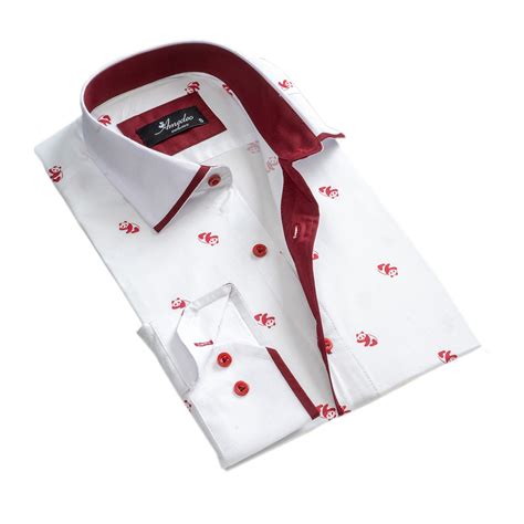 Panda Reversible Cuff Long Sleeve Button Down Shirt White Burgundy