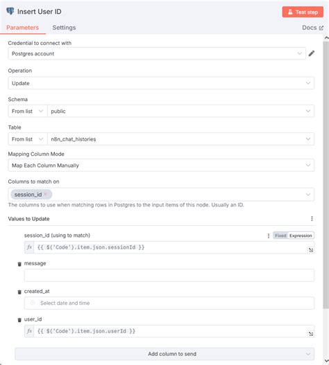 how to store user id in postgresql chat memory in n8n questions