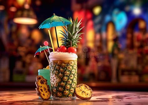 Glass Of Pina Colada Cocktail With Pineapple Slices And Straw With
