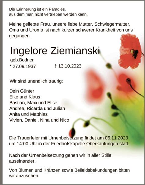 Traueranzeigen Von Ingelore Ziemianski Trauer HNA De