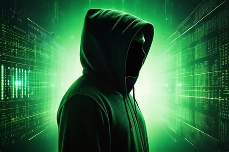 Silhouette Of A Hacker In A Hood With Binary Code On A Luminous Green Background Premium Ai