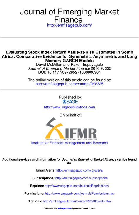 Pdf Evaluating Stock Index Return Value At Risk Estimates In South Africacomparative Evidence
