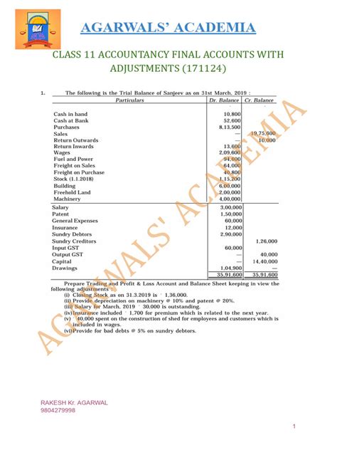 Class 11 Accountancy Final Accounts With Adjustments Pdf