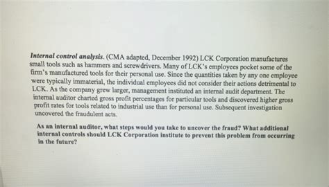 Solved Internal Control Analysis Cma Adapted December
