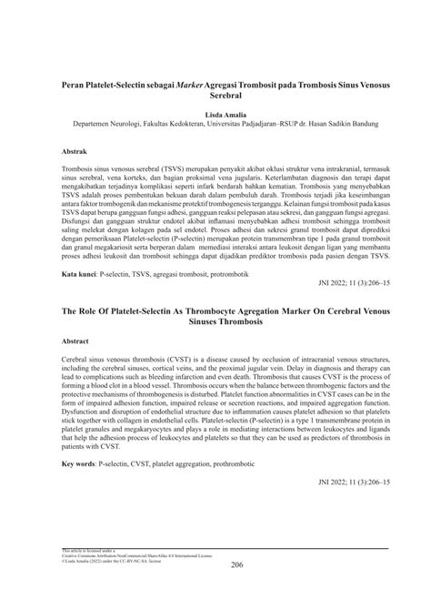 Pdf Peran Platelet Selectin Sebagai Marker Agregasi Trombosit Pada Trombosis Sinus Venosus