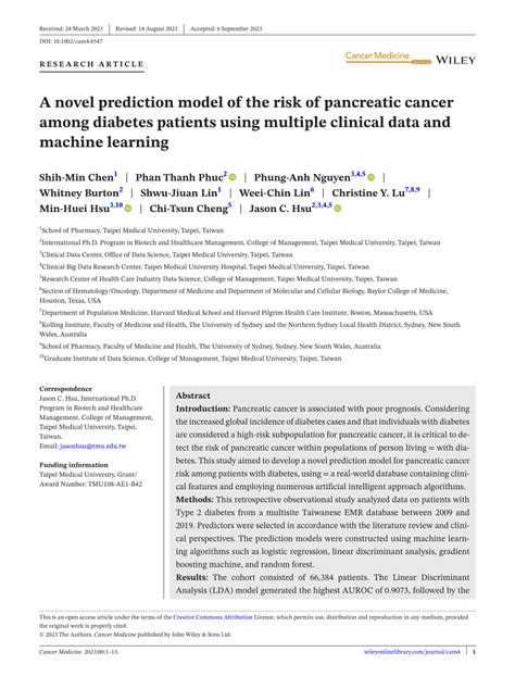 Pdf A Novel Prediction Model Of The Risk Of Pancreatic Cancer Among