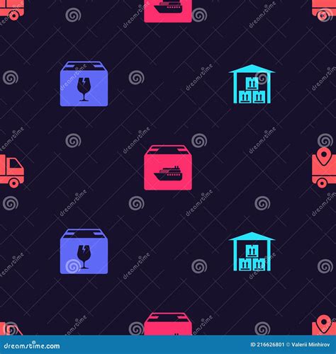 Set Warehouse Delivery Box With Fragile Content Cargo Ship Boxes And Tracking On Seamless