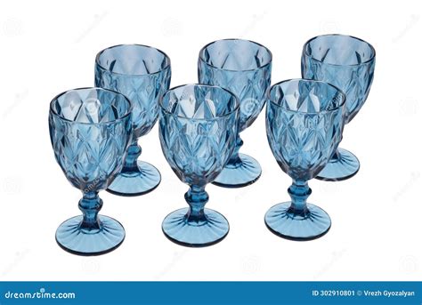 Set Of Empty Blue Crystal Glasses Isolated On White Background Stock