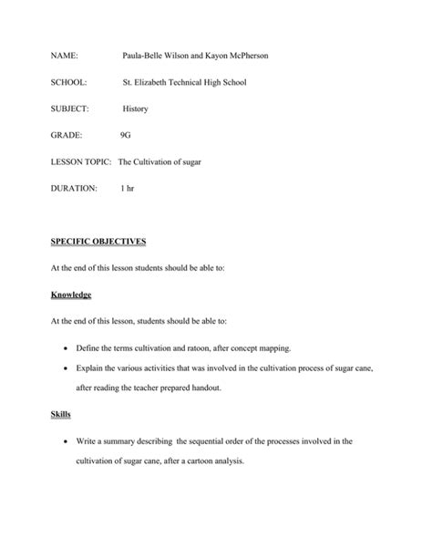 Sugar Cultivation Lesson Plan History Grade 9