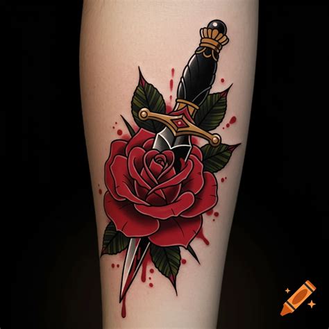 Traditional Tattoo Design Of A Black Dagger Piercing A Red Rose With