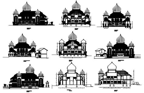 Different Elevations Of Mosque In Detail Autocad 2d Drawing Cad File