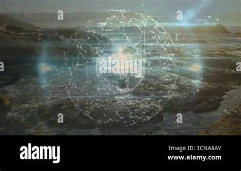 Holographic Sphere Fading Rotating Over Shoreline Showing Pulsing Network Visualizing